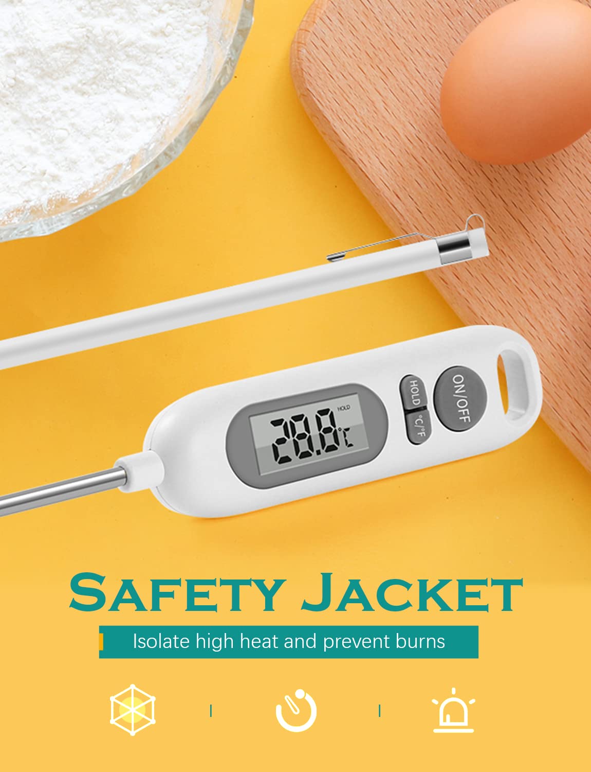 Meat Thermometer, Waterproof Food Thermometer, Instant Read Digital Cooking Thermometer for Kitchen Cooking BBQ Sugar Jam Water Meat Milk