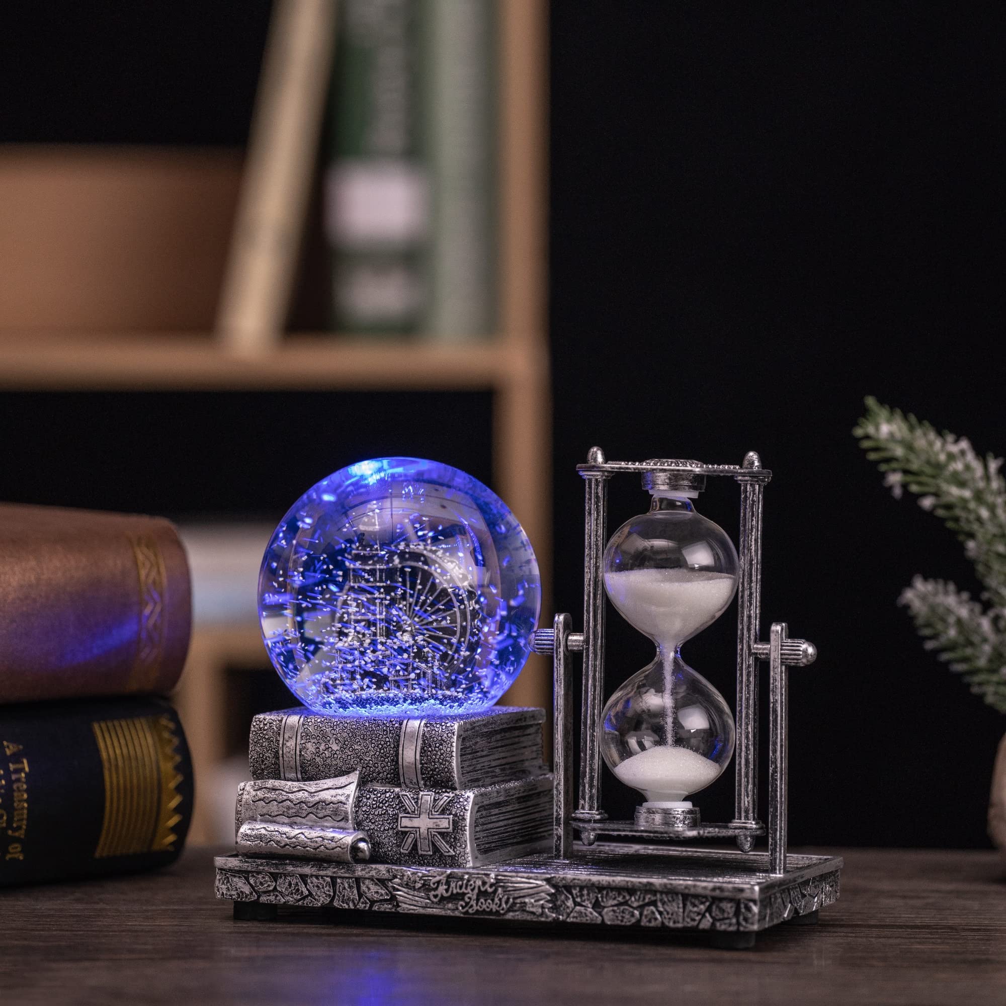 Antique Crystal Music Snow Globe with Sand Clock Timer Hourglass LED Music Globe Collectibles Home Decorations for Living Room Fireplace Mantel Silver Ferris Wheel