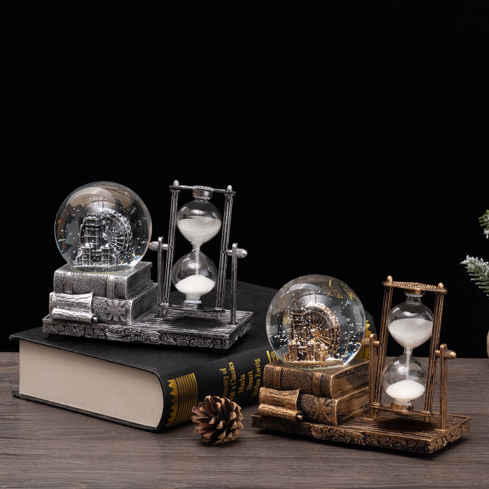 Antique Crystal Music Snow Globe with Sand Clock Timer Hourglass LED Music Globe Collectibles Home Decorations for Living Room Fireplace Mantel Silver Ferris Wheel