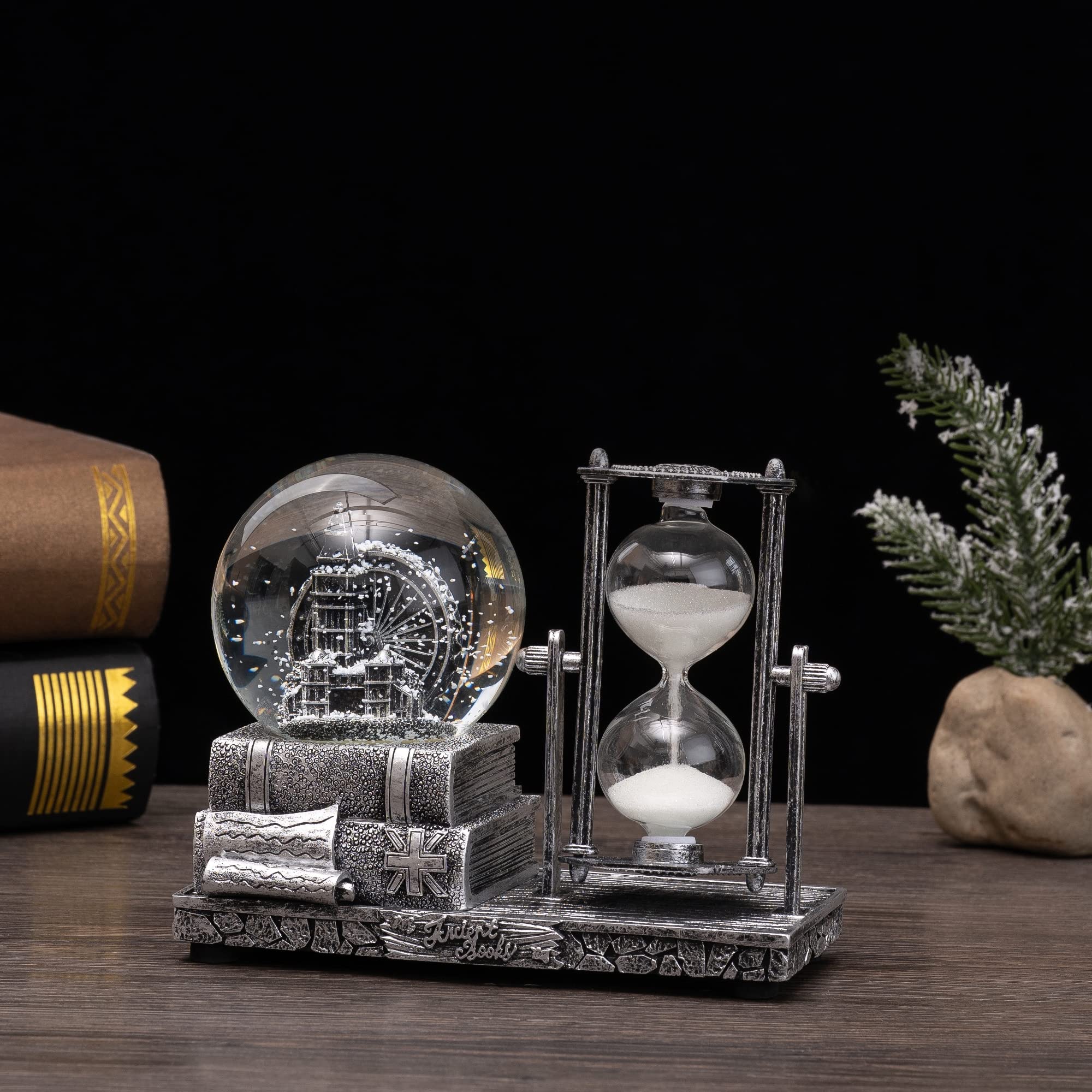 Antique Crystal Music Snow Globe with Sand Clock Timer Hourglass LED Music Globe Collectibles Home Decorations for Living Room Fireplace Mantel Silver Ferris Wheel