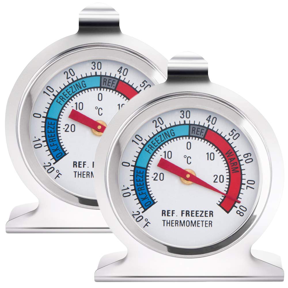 Anvin Refrigerator Thermometers Large Dial Freezer Thermometer with Dual-Scale -30~30°C/-20~80°F for Freezer Refrigerator Cooler, Hooks or Stands Alone Thermometers Durable Steel (Pack of 2)