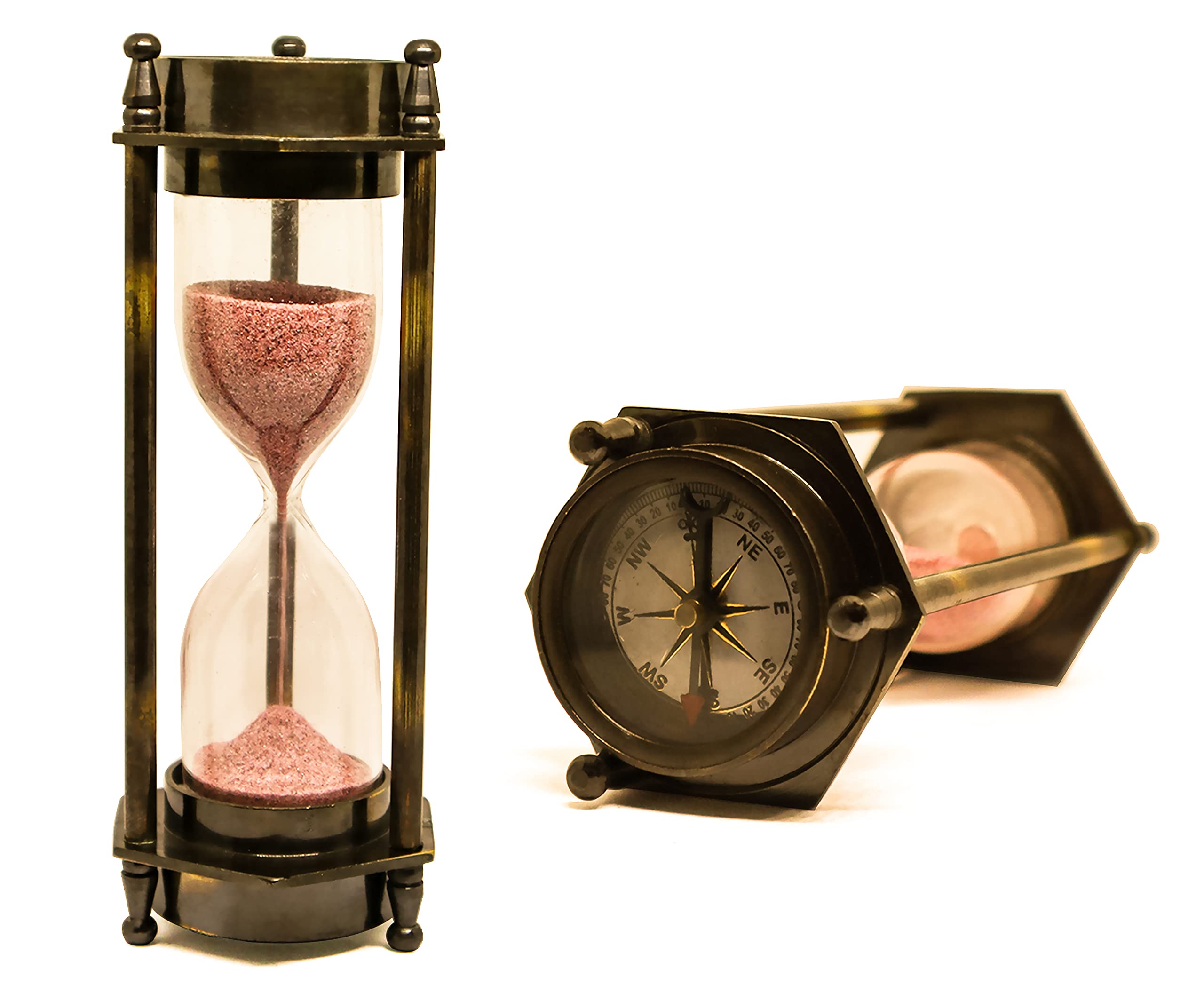 Dual Face Compass 5 Inch Antique 5 Minute Sand Timer Hourglass for Home Decor Gift