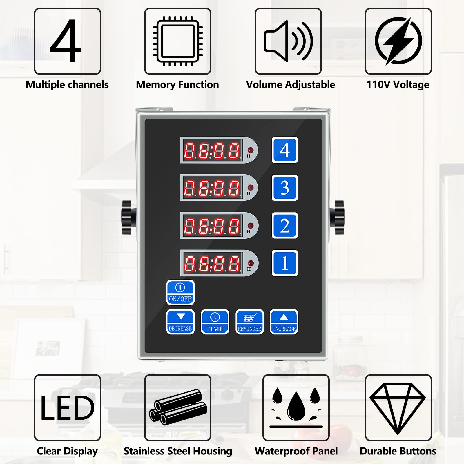 QEERBSIN 4 Channel Commercial Kitchen Cooking Countdown Timer with Clear Display Loud Alarm Reminder for Restaurant Multiple Events