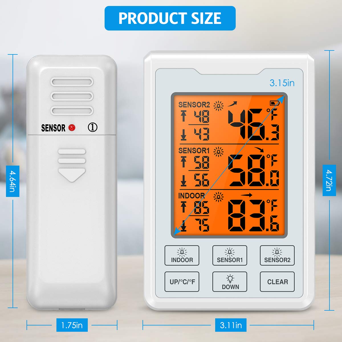 Refrigerator Thermometer, Wireless Digital Freezer Thermometer with 2 Sensors, Audible Alarm, Min and Max Record, Large LCD Display for Home, Restaurants, Bars (Battery not Included)