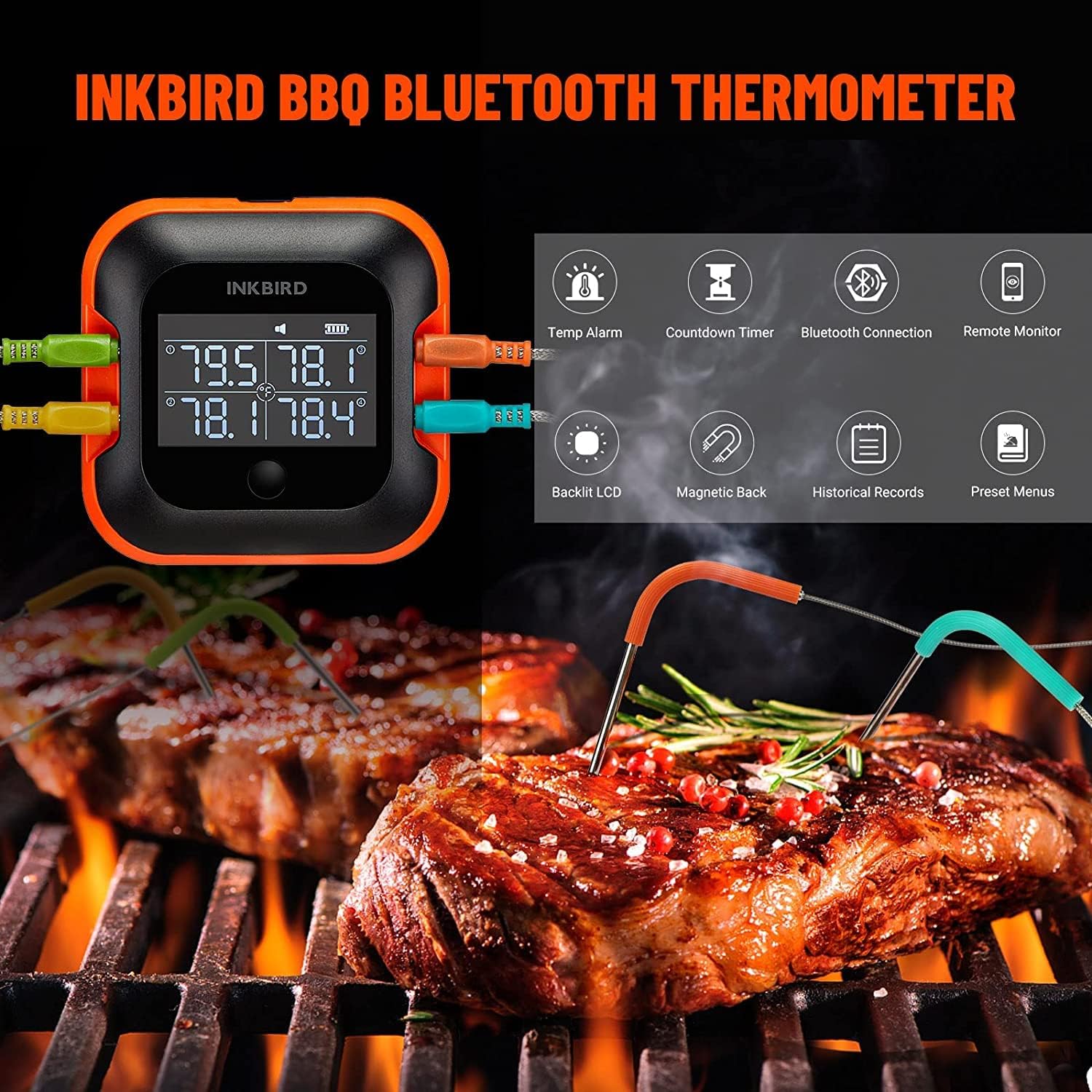 INKBIRD Grill Thermometer Replacement Colored Probes 4-Pack Set for INKBIRD Thermometer, 47 Inches Stainless Probes Only Compatible with IBBQ-4BW, IBT-24S and IBT-26S