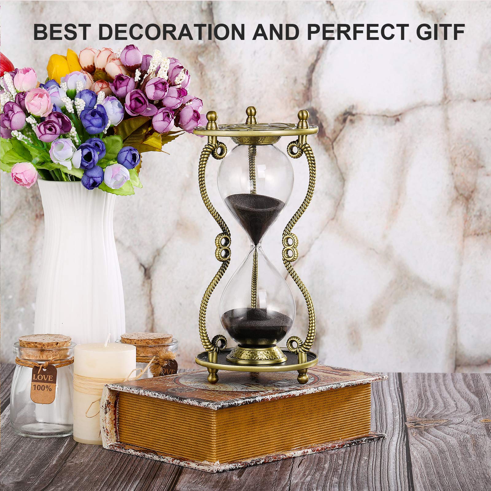 SuLiao Hourglass Sand Timer 60 Minute:Sun & Moon Engraving Brass Sand Clock, Metal Black Sand Watch 60 Min,Antique Reloj De Arena 1 Hora,Large 1 Hour Glass Sandglass for Gift Office Desk Decorative