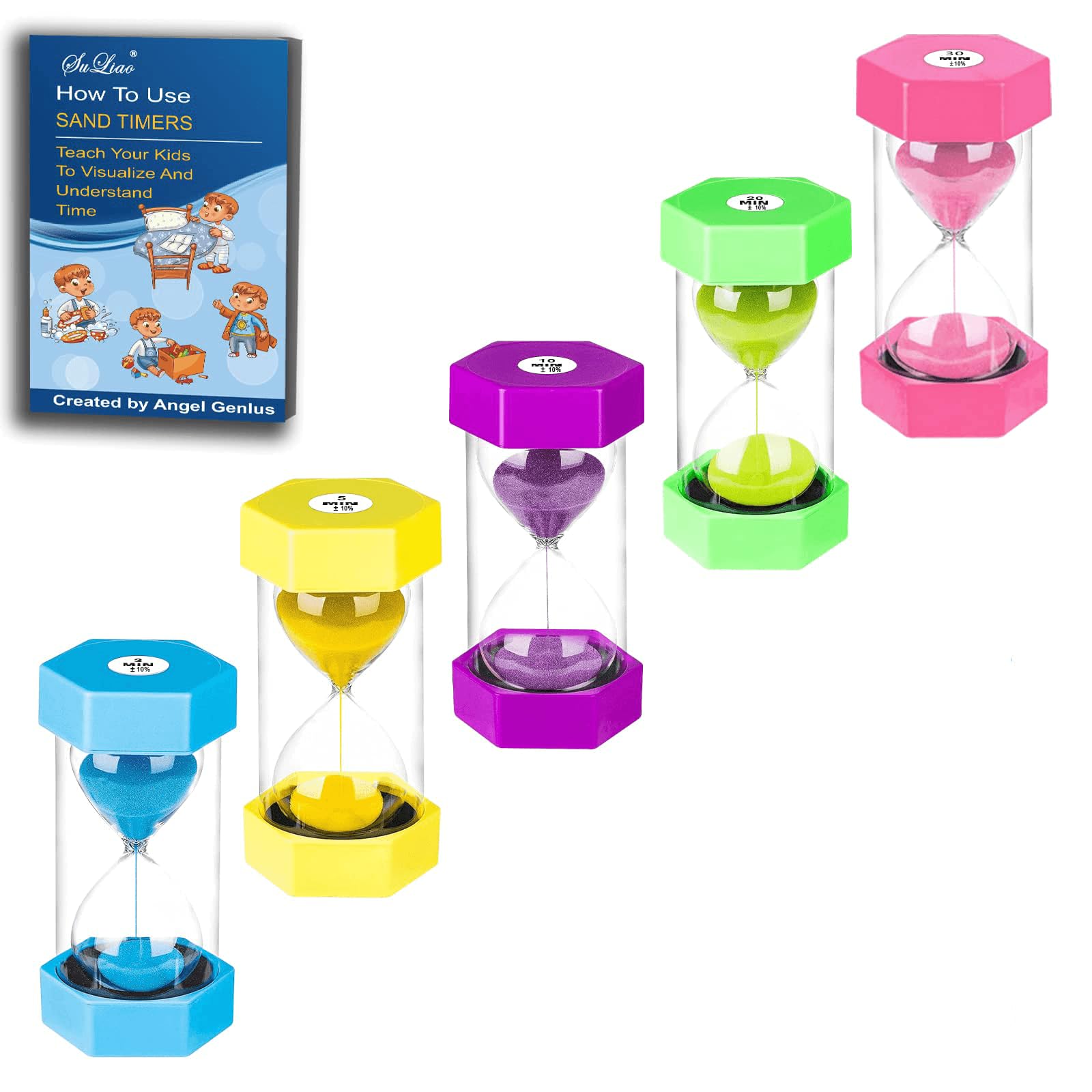 SuLiao Hourglass Sand Timer for Kids: Large Acrylic Unbreakable Sand Clock 3/5/10/20/30 Minutes, Plastic Sand Watch, Colorful Hour Glass Sandglass for Classroom Games Kitchen (Pack of 5)