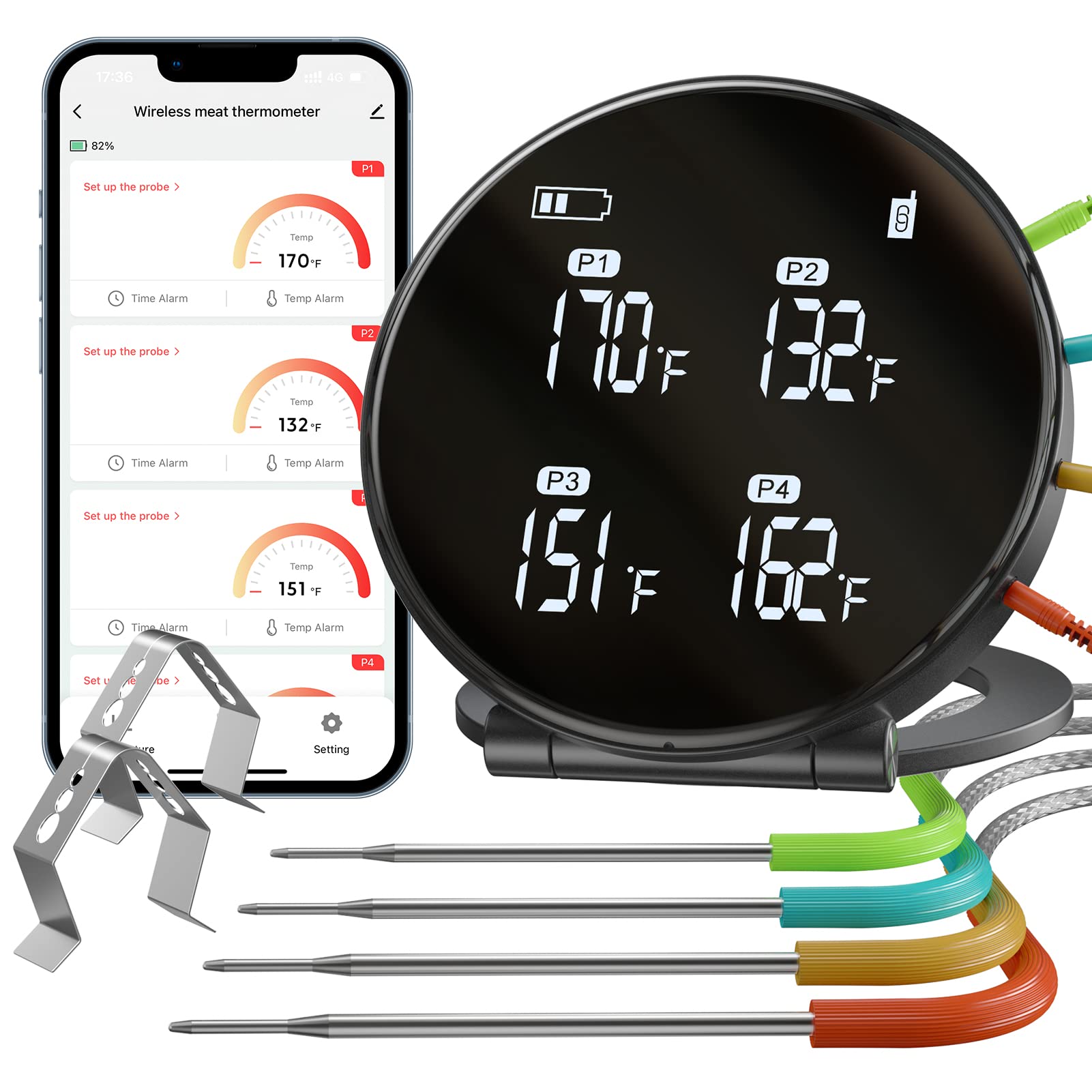 HOMETALL Wireless Meat Thermometer, 400FT Bluetooth Meat Thermometer Digital with 4-Probes, Large Display Instant Read Food Thermometer for Cooking, Smoker, Oven, BBQ, Grill Thermometer