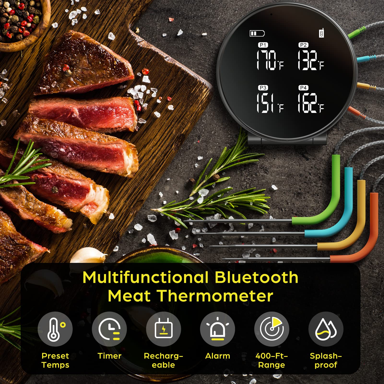 HOMETALL Wireless Meat Thermometer, 400FT Bluetooth Meat Thermometer Digital with 4-Probes, Large Display Instant Read Food Thermometer for Cooking, Smoker, Oven, BBQ, Grill Thermometer