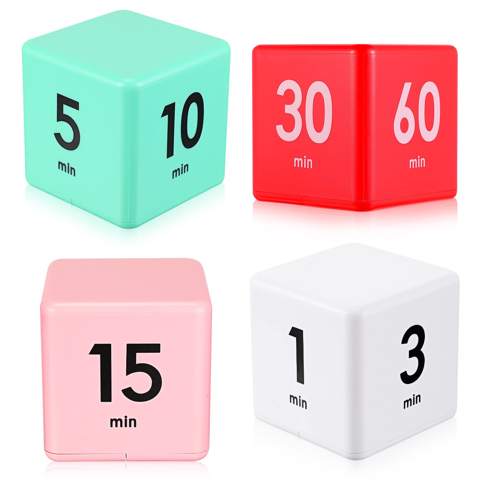 Cube Timer 4 Pieces Gravity Sensor Flip Timer Kids Timer Digital Cube Workout Timer Kitchen Timer for Time Management Home Study, 1 3 5 10 Minutes and 15 20 30 60 Minutes (White, Red, Pink, Green)