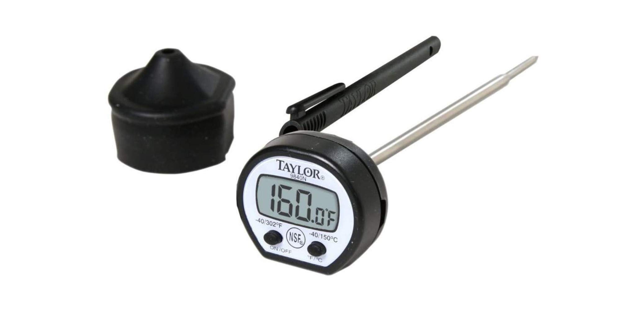 Taylor Precision 9840RB Instant Read Pocket Thermometer, Digital, -40° to 302°F (-40° to 150°C) Temperature Range, 1°F Accuracy, 0.3" LCD readout, Step Down Probe, Protective Rubber Boot