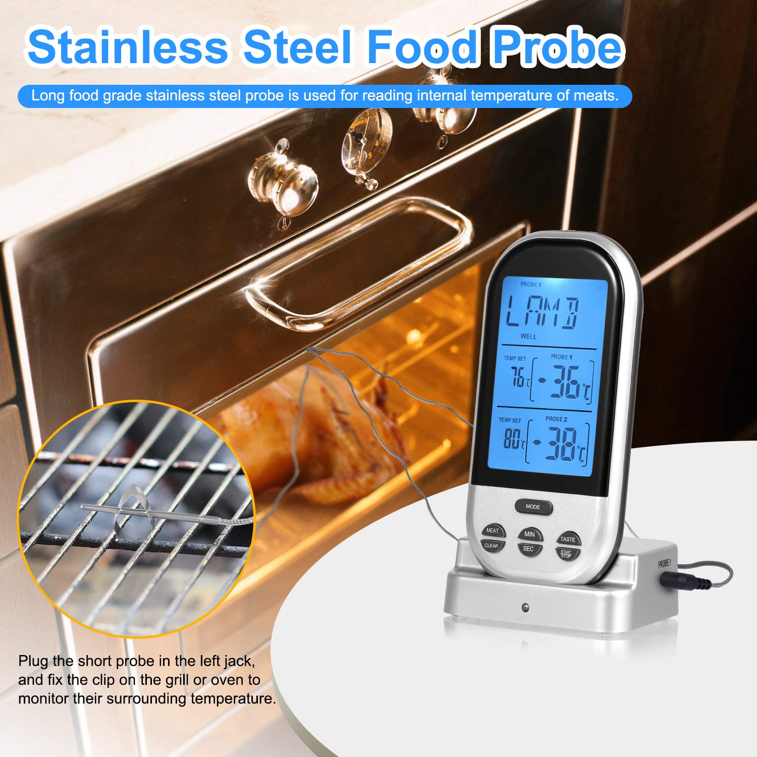 Adoric Wireless Meat Thermometer,Remote Cooking Food Barbecue Digital Grill Thermometer with Dual Probe for Oven Smoker Grill BBQ Thermometer