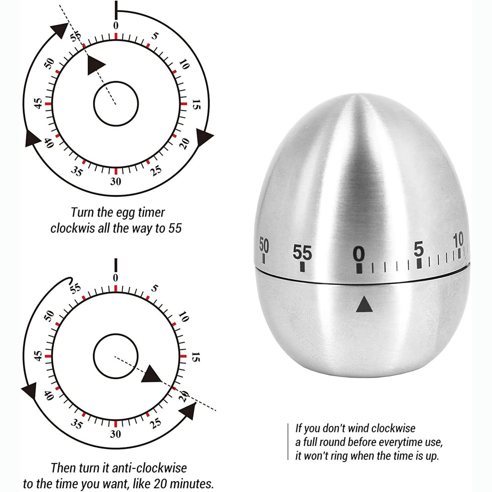 Egg Kitchen Timer Cute Manual,Stainless Steel Metal Mechanical Visual Countdown Cooking Timer with Loud Alarm for Kids Cooking Tools