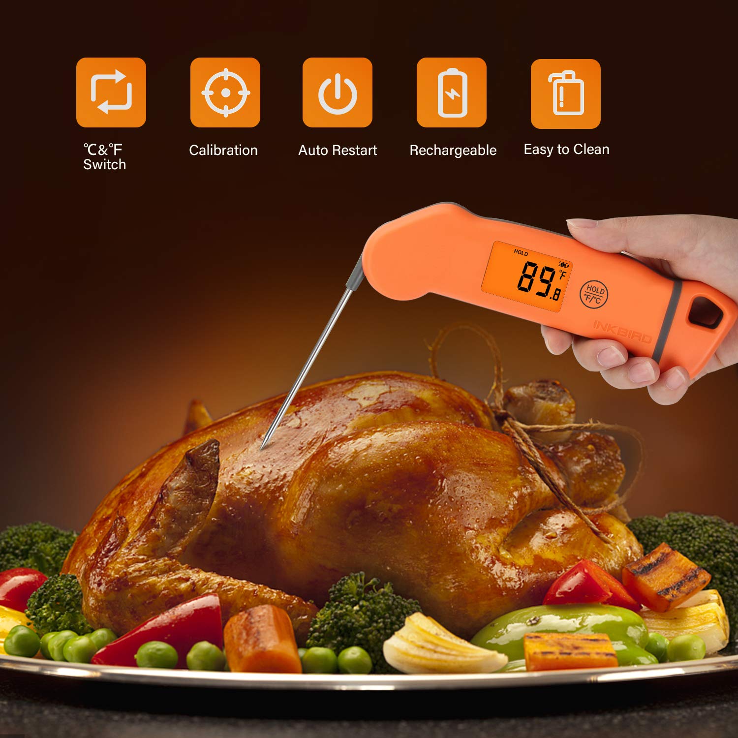 Inkbird Rechargeable Meat Thermometer IHT-1S, Instant Read Meat Thermometer Waterproof Digital Food Cooking Thermometer, Kitchen Food Thermometer for Grill, BBQ, Smoker, Turkey, Homebrewing, Coffee