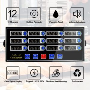 12 Channels Commercial Kitchen Timer Digital Display with Loud Alarm Adjustable Cooking Reminder for Home Restaurant, Multiple Channels for Twelve Multi-Event, Waterproof Fryer Turkey Timer, Black