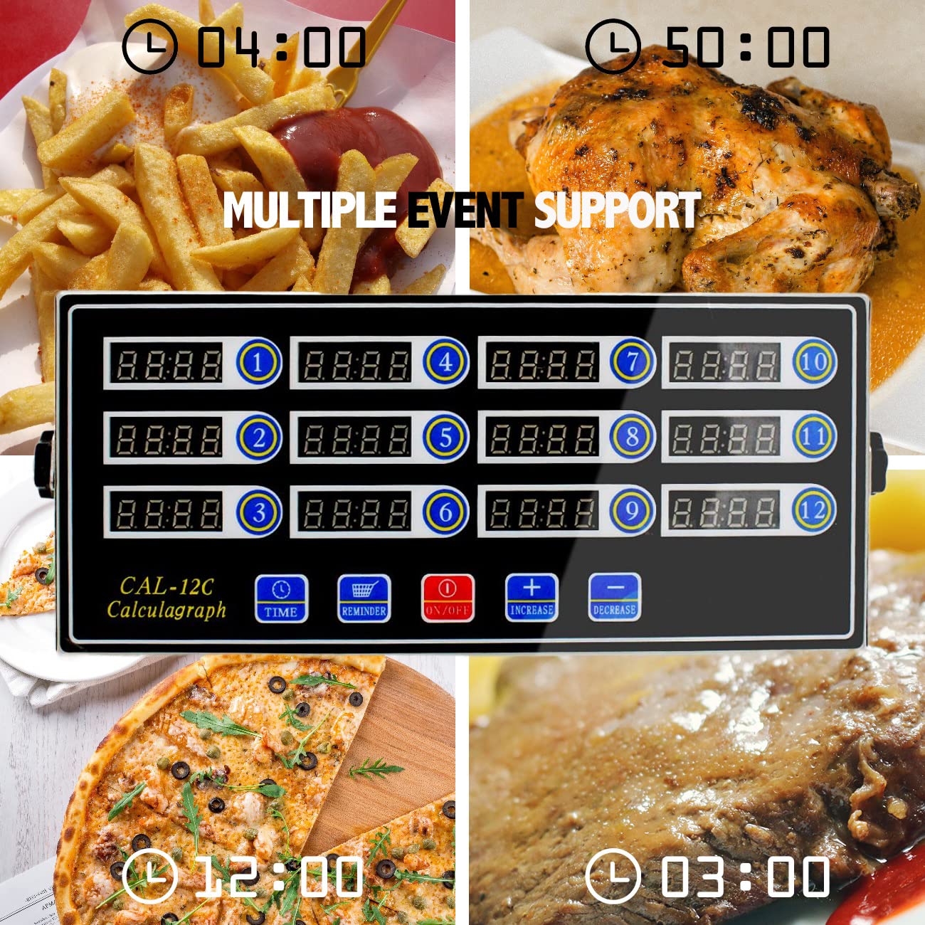 12 Channels Commercial Kitchen Timer Digital Display with Loud Alarm Adjustable Cooking Reminder for Home Restaurant, Multiple Channels for Twelve Multi-Event, Waterproof Fryer Turkey Timer, Black