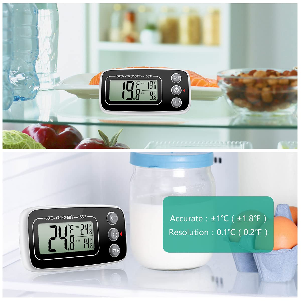 ORIA Refrigerator Thermometer, Digital Indoor Thermometer, Upgraded Version Freezer Fridge Thermometer with Large LCD Display, Max and Min Display for Room, Refrigerator, Kitchen, 2 Pack