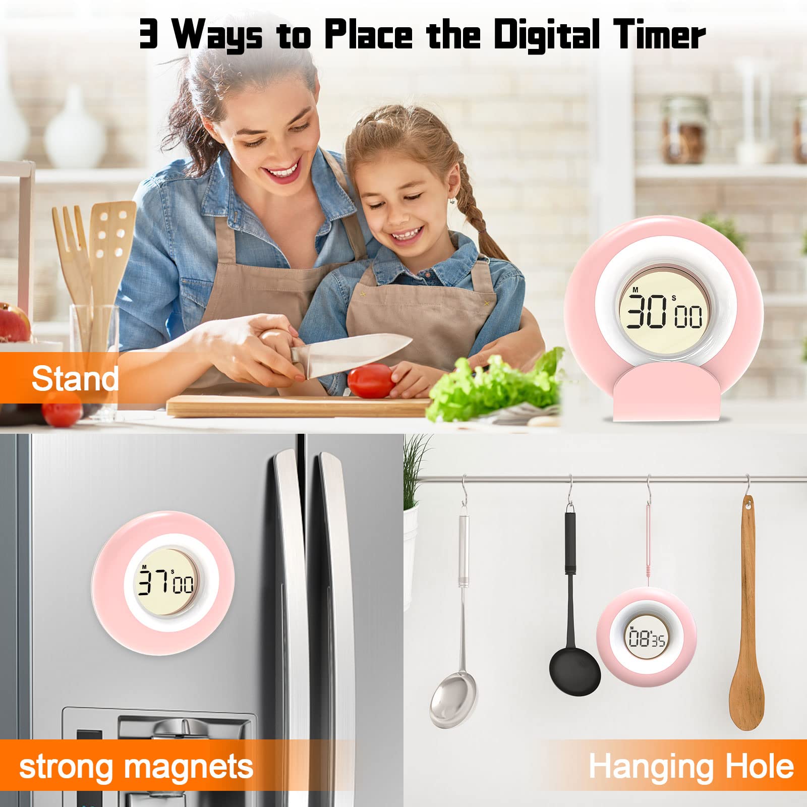 Digital Kitchen Timers - Smart Voice Control Timer, Visual timers Large LED Display Magnetic Countdown Timers for Classroom Cooking Fitness Baking Studying Teaching,Easy for Kids and Seniors（Pink）