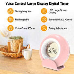 Digital Kitchen Timers - Smart Voice Control Timer, Visual timers Large LED Display Magnetic Countdown Timers for Classroom Cooking Fitness Baking Studying Teaching,Easy for Kids and Seniors（Pink）