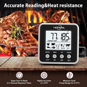 Honohil Digital Meat Thermometer for Cooking and Grilling, Kitchen Food Candy Oven BBQ Grill Thermometer for Smoker Baking Liquid with Stainless Steel Probe Instant Read Magnetic Battery Timer Black