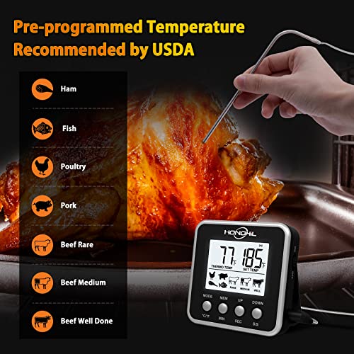 Honohil Digital Meat Thermometer for Cooking and Grilling, Kitchen Food Candy Oven BBQ Grill Thermometer for Smoker Baking Liquid with Stainless Steel Probe Instant Read Magnetic Battery Timer Black