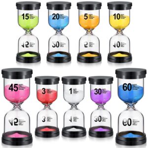 9 pieces sand timer colorful hourglass sand clock timer 1/3/5/10/15/20/30/45/60 minutes sandglass timer for kitchen home office classroom games cooking kids, 9 colors