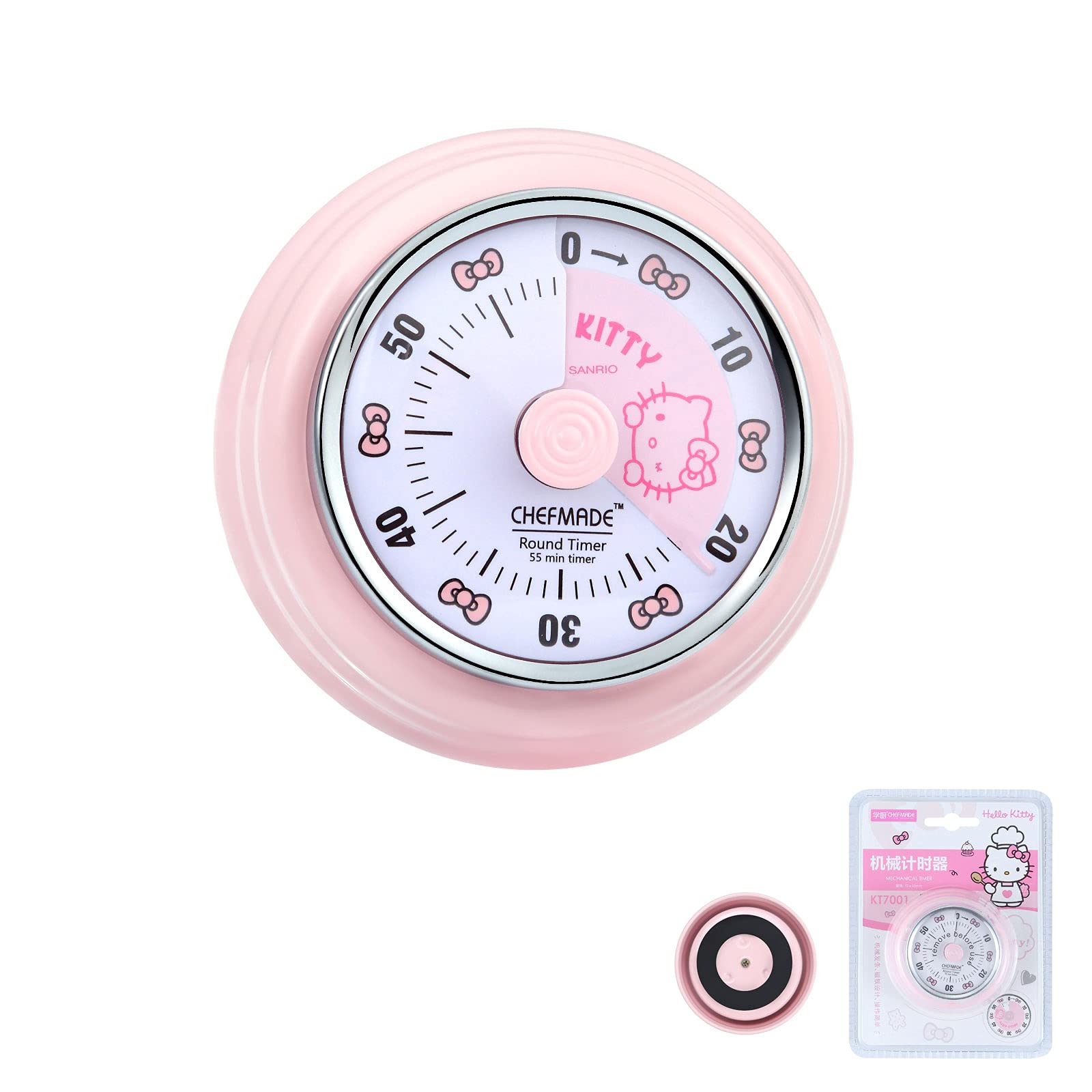 CHEFMADE Hello Kitty Mechanical Visual Timer, 2.8-Inch 60 Minutes 1 Hour with Alarm Sound Magnetic Backing Countdown Timer for Baking Cooking Steaming Manual Timer