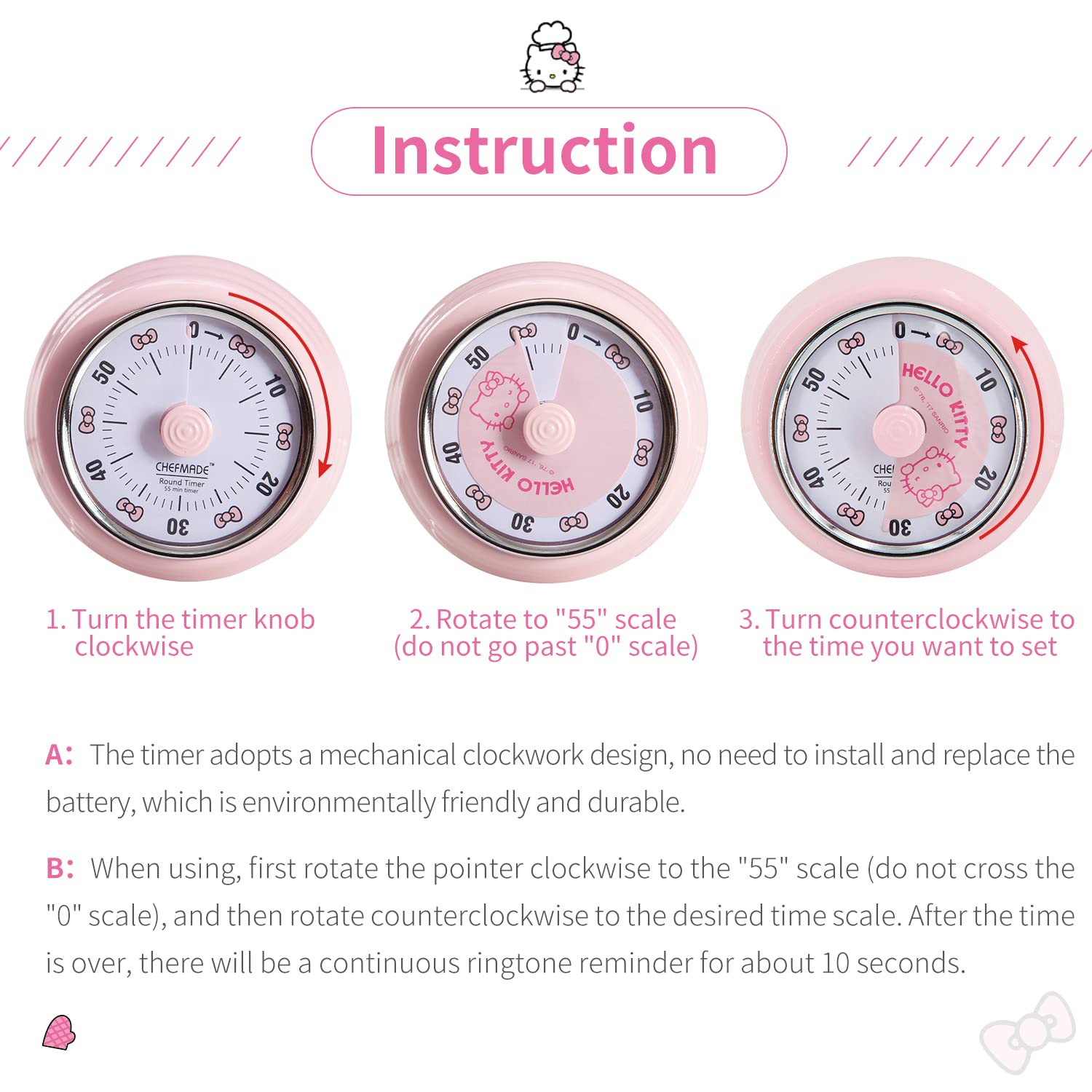 CHEFMADE Hello Kitty Mechanical Visual Timer, 2.8-Inch 60 Minutes 1 Hour with Alarm Sound Magnetic Backing Countdown Timer for Baking Cooking Steaming Manual Timer