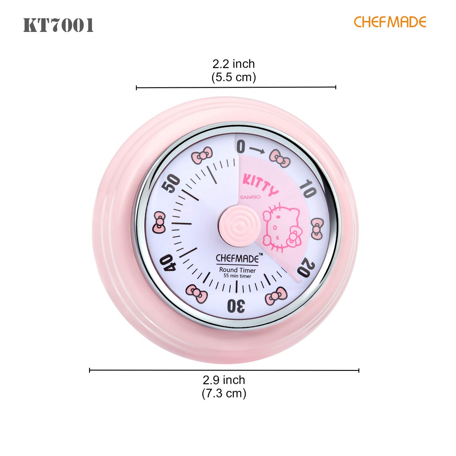 CHEFMADE Hello Kitty Mechanical Visual Timer, 2.8-Inch 60 Minutes 1 Hour with Alarm Sound Magnetic Backing Countdown Timer for Baking Cooking Steaming Manual Timer