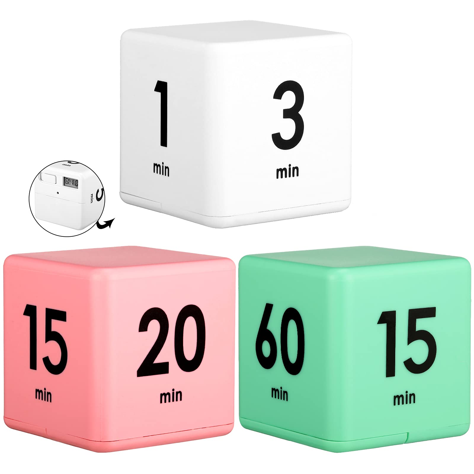 3 Pieces Cube Timers Gravity Sensor Flip Timer Egg Timer Kids Timer Workout Timer Study Timer and Game Timer for Time Management, 1, 3, 5, 10 Minutes and 15, 20, 30, 60 Minutes (White, Green, Pink)