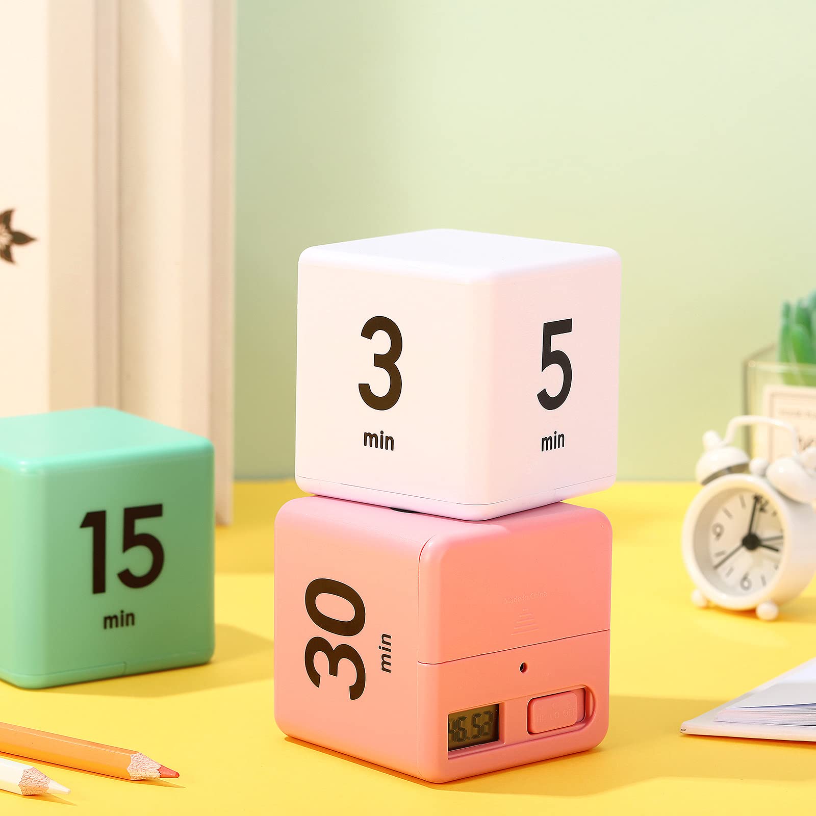 3 Pieces Cube Timers Gravity Sensor Flip Timer Egg Timer Kids Timer Workout Timer Study Timer and Game Timer for Time Management, 1, 3, 5, 10 Minutes and 15, 20, 30, 60 Minutes (White, Green, Pink)