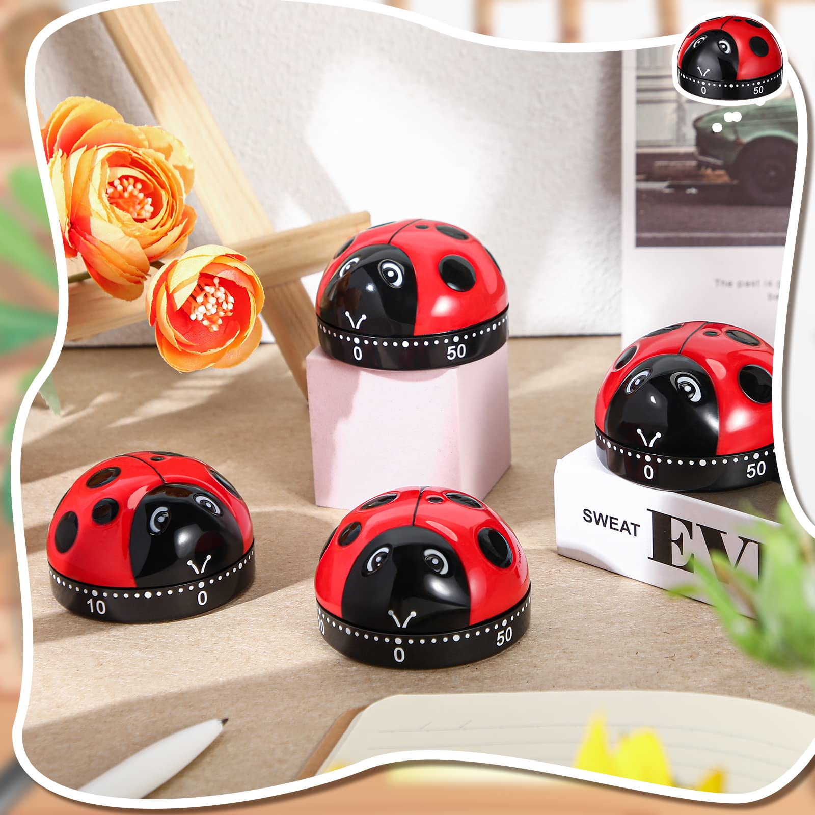 4 Pcs Ladybug Kitchen Timers for Cooking Cute Ladybug Cooking Timer 60 Minute Mechanical Timer Red Black Kitchen Alarm Clock for Kids Reading Do Sports Baking Gifts, No Battery Required