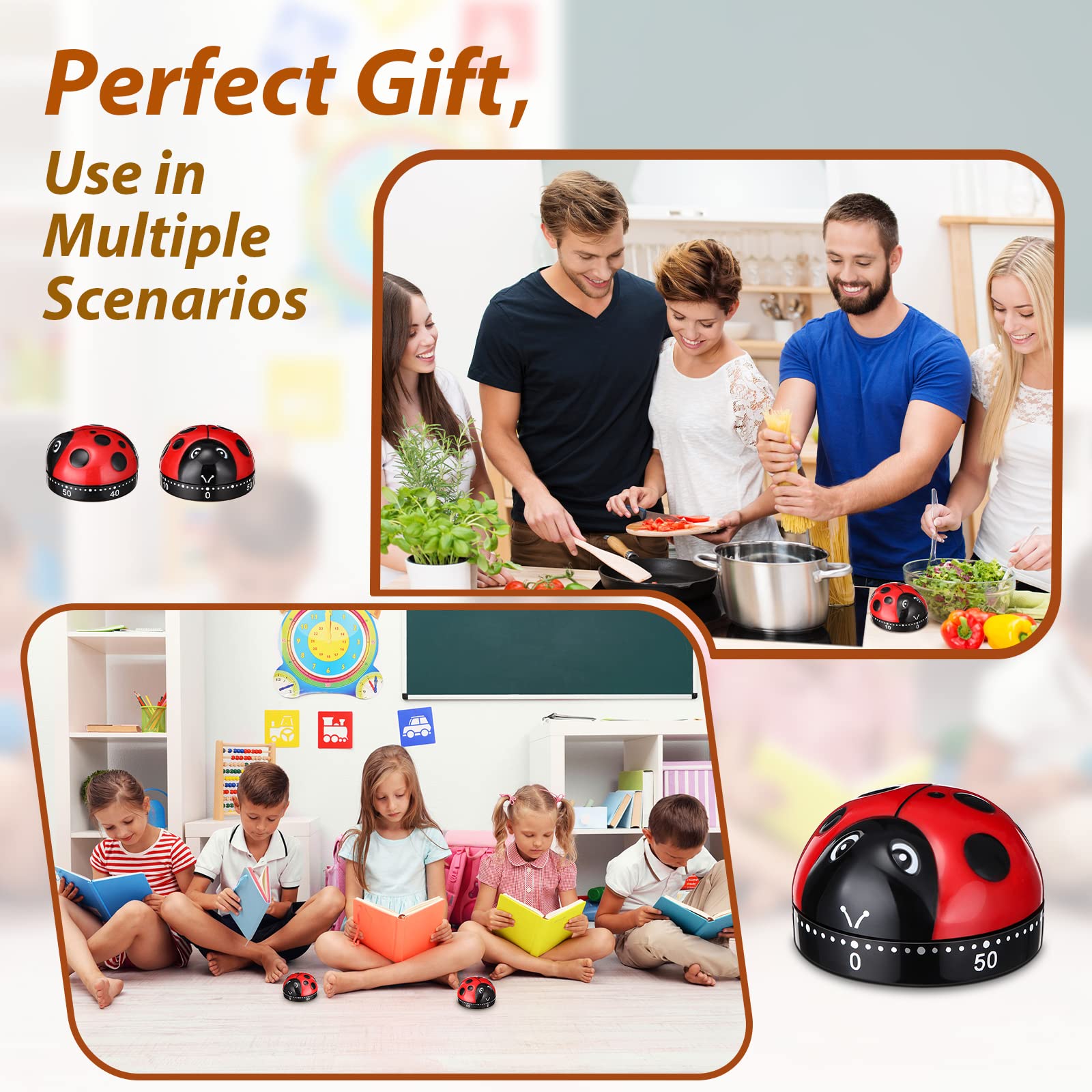 4 Pcs Ladybug Kitchen Timers for Cooking Cute Ladybug Cooking Timer 60 Minute Mechanical Timer Red Black Kitchen Alarm Clock for Kids Reading Do Sports Baking Gifts, No Battery Required