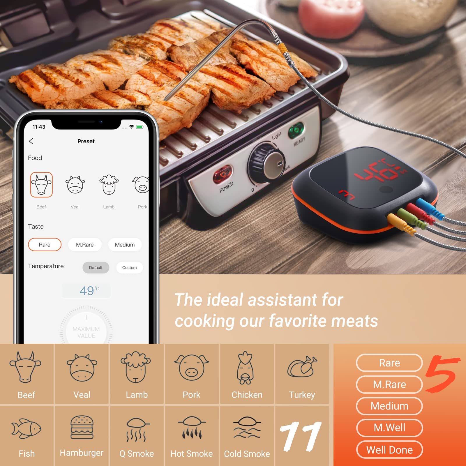 INKBIRD150ft Bluetooth Grill Meat Thermometer, Meat Thermometer for BBQ, Grilling,with Rotatable Screen,Temperature Alarm, Timer