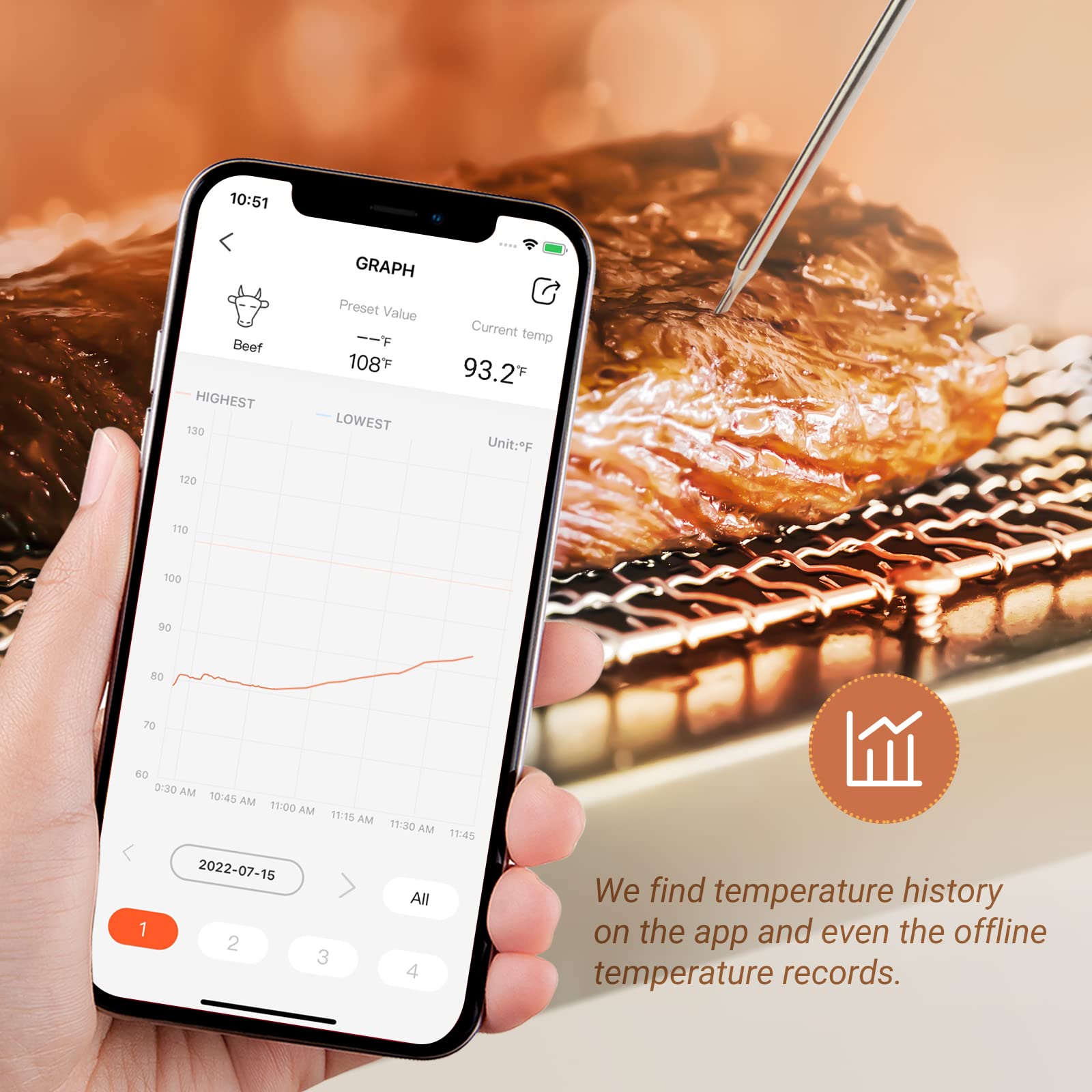 INKBIRD150ft Bluetooth Grill Meat Thermometer, Meat Thermometer for BBQ, Grilling,with Rotatable Screen,Temperature Alarm, Timer