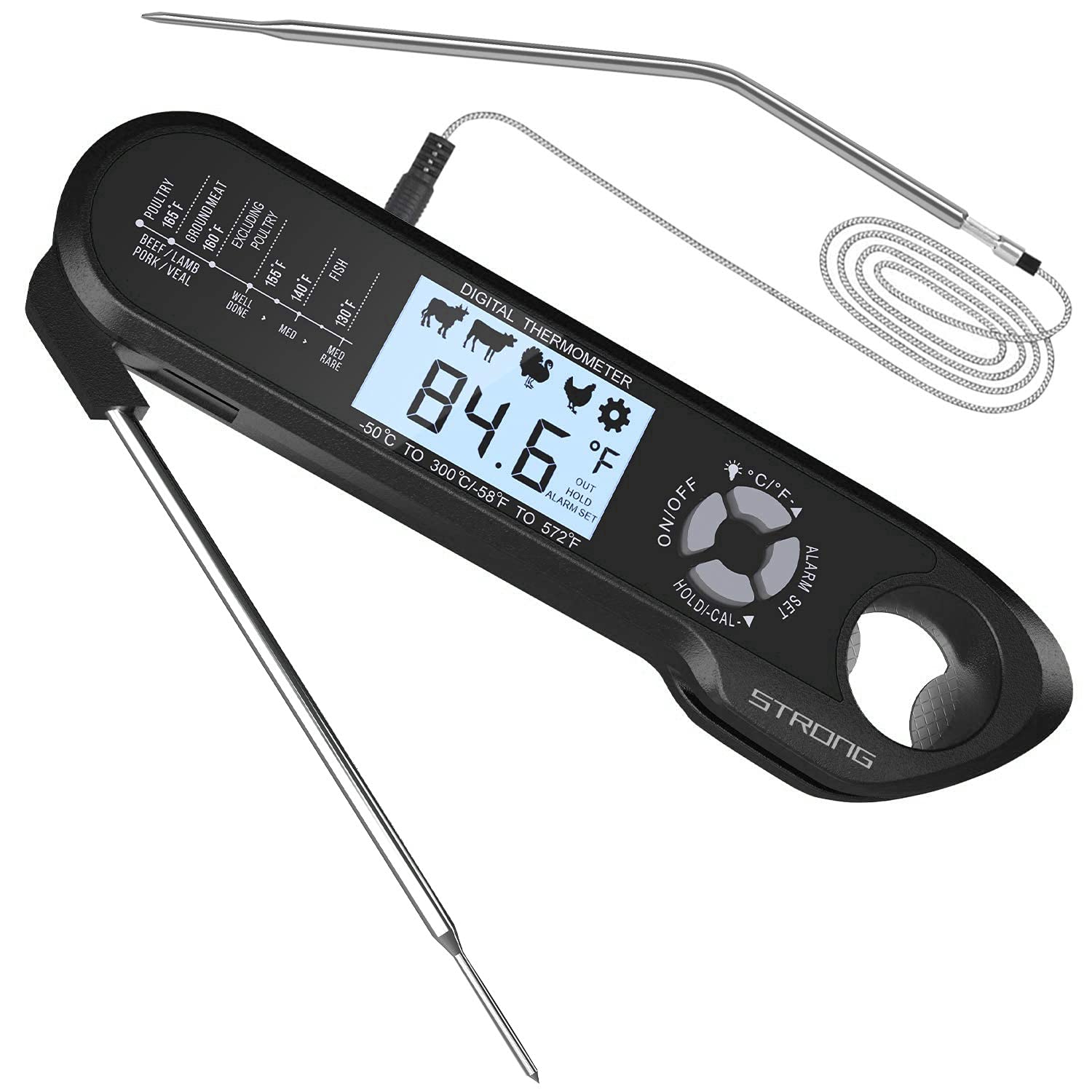 Roses&Poetry Meat Thermometer Digital Food Thermometer with 2 Probes, Alarm Setting,Backlight Large Screen,Waterproof Instant Read Cooking Thermometer for Meat,Grill,Liquids,BBQ Oven (Black)