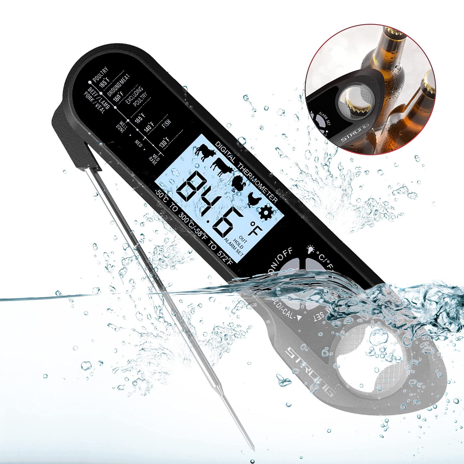 Roses&Poetry Meat Thermometer Digital Food Thermometer with 2 Probes, Alarm Setting,Backlight Large Screen,Waterproof Instant Read Cooking Thermometer for Meat,Grill,Liquids,BBQ Oven (Black)