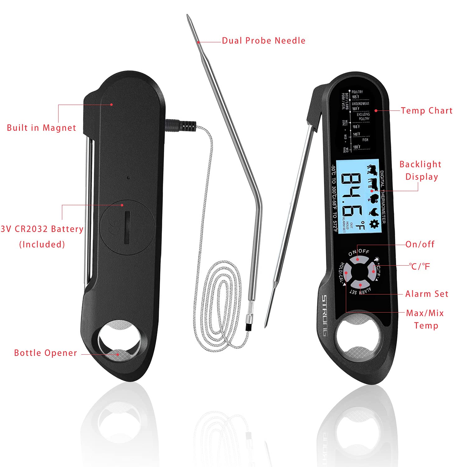 Roses&Poetry Meat Thermometer Digital Food Thermometer with 2 Probes, Alarm Setting,Backlight Large Screen,Waterproof Instant Read Cooking Thermometer for Meat,Grill,Liquids,BBQ Oven (Black)