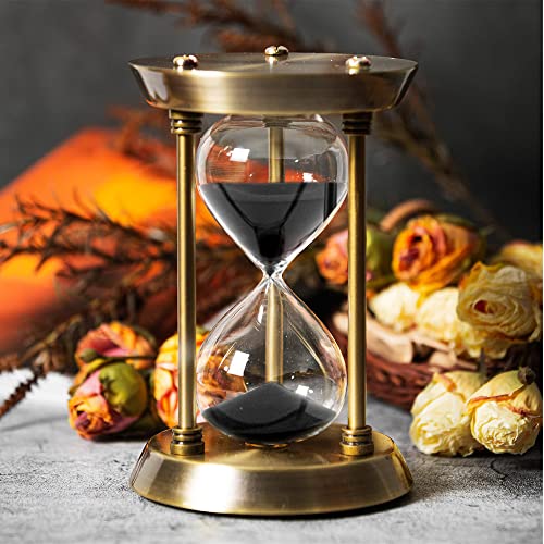 60 Minute Hourglass Sand Timer with Metal Frame, Bronze Big Size Antique Sand Clock, Black Sand