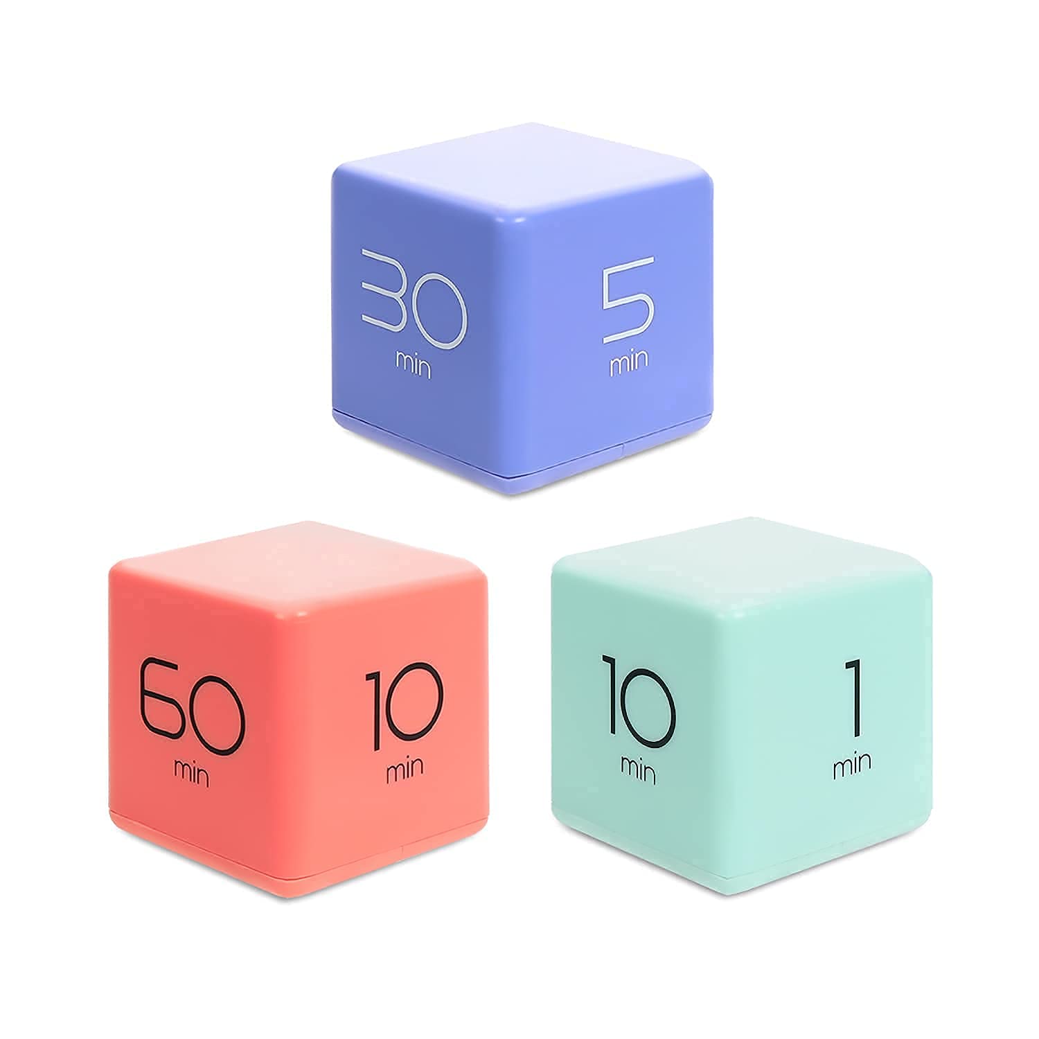 mooas Cube Timer Coral (10, 30, 50 and 60 Minutes) & Violet (5, 10, 20 and 30 Minutes) & Mint (1,3,5 and 10 Minutes) Bundle, Timer for Studying, Cooking, Workout, Kidstimer