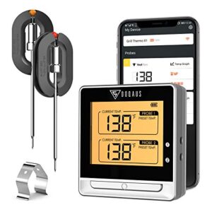 doqaus bluetooth meat thermometer for grilling, wireless meat thermometer with 2 probes, 197ft remote bbq thermometer with smart kitchen timer and backlight for smoker, oven, grilling, turkey