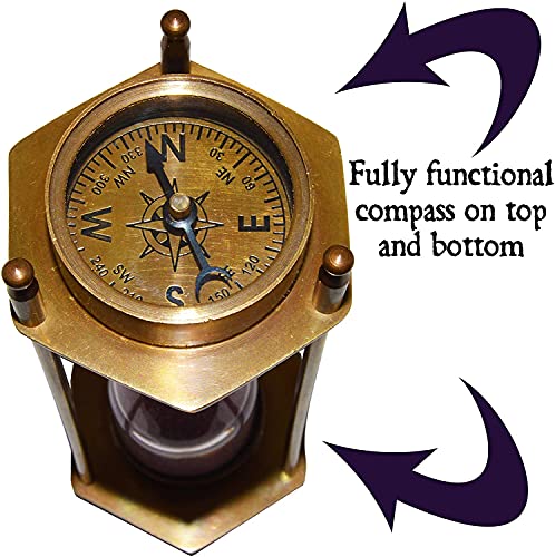 Antique Brass Sand Timer Hourglass with Maritime Brass Compass – Elevate Your Space with Nautical Charm!