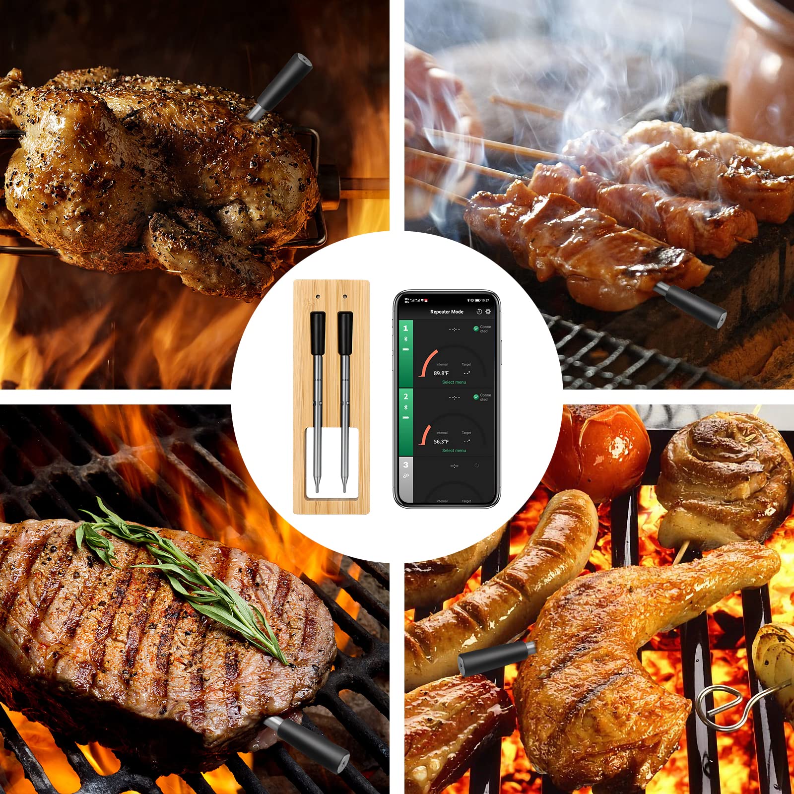 Wireless Meat Thermometer Smart Meat Thermometer for Grilling and Smoking Bluetooth 260ft Range Digital APP Control Cooking Thermometer for Oven/Grill/Kitchen/BBQ/Rotisserie, 2 Probes