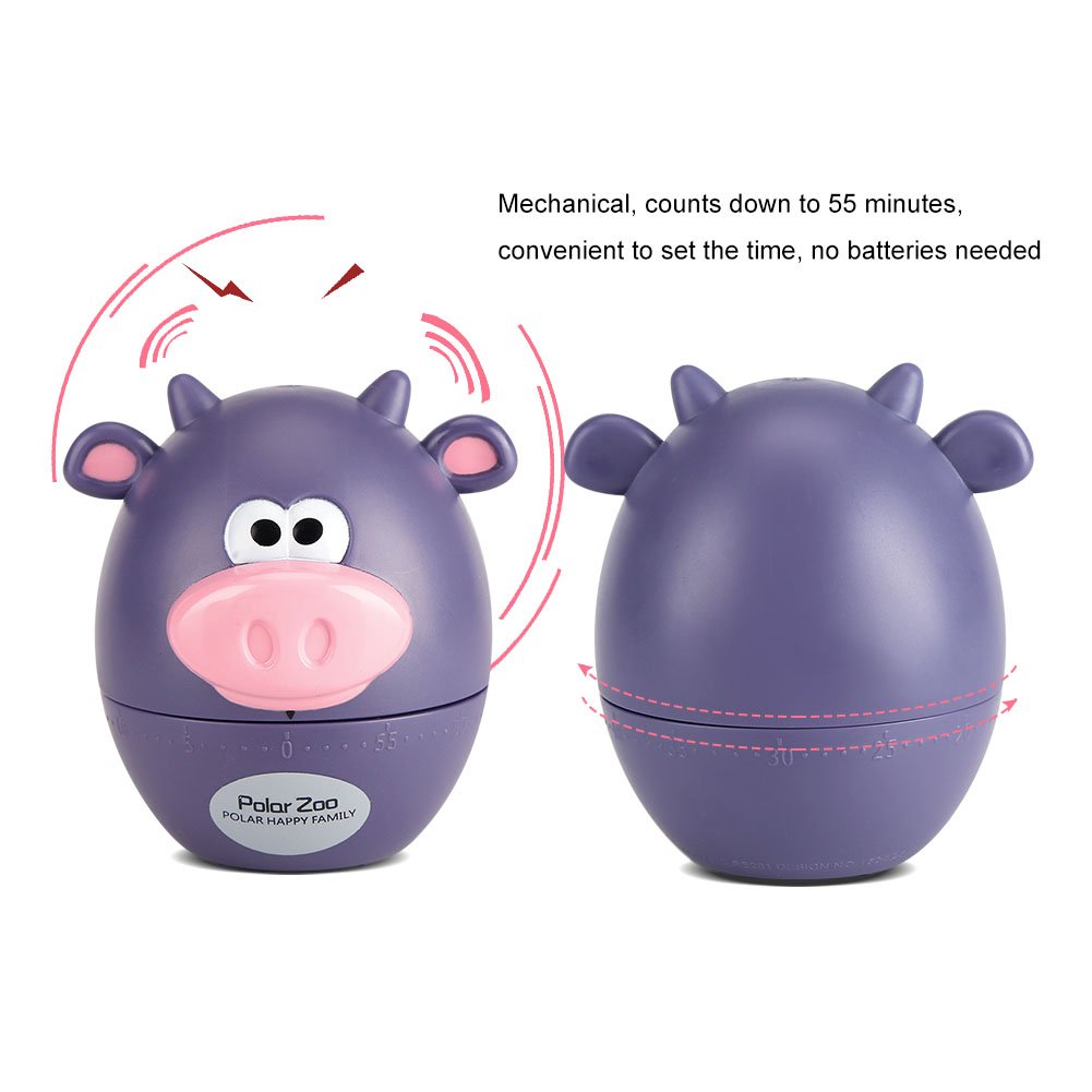 55 Minutes Cooking Supplies Cartoon Timer, Mechanical Cute Animal Shapes Kitchen Timer, NO Battery Needed (Purple Cattle)