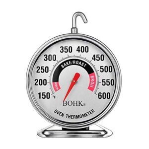 BOHK Large 2.36 Inch Dial Oven Thermometer with Bold Numbers Clear Toughened Glass Lens Hook Base Durable Stainless Steel Body Easy to Read Accurate 150-600℉