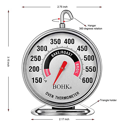 BOHK Large 2.36 Inch Dial Oven Thermometer with Bold Numbers Clear Toughened Glass Lens Hook Base Durable Stainless Steel Body Easy to Read Accurate 150-600℉