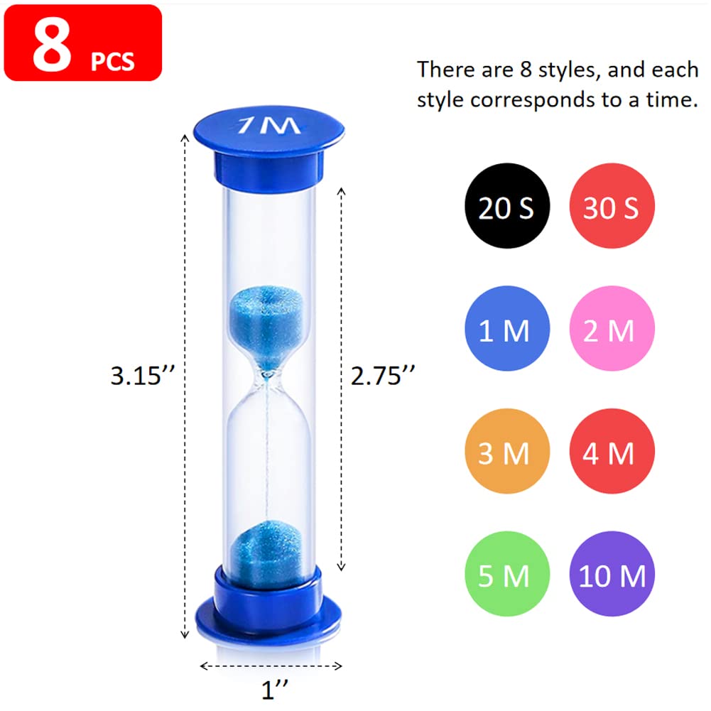 IGOOLEE 8 Pcs Sand Timer Colorful Hourglass Sandglass Sand Clock Timers Set 20sec / 30sec / 1min / 2mins / 3mins / 4mins / 5mins / 10mins for Kids Brushing Teeth, Cooking, Game, School, Office