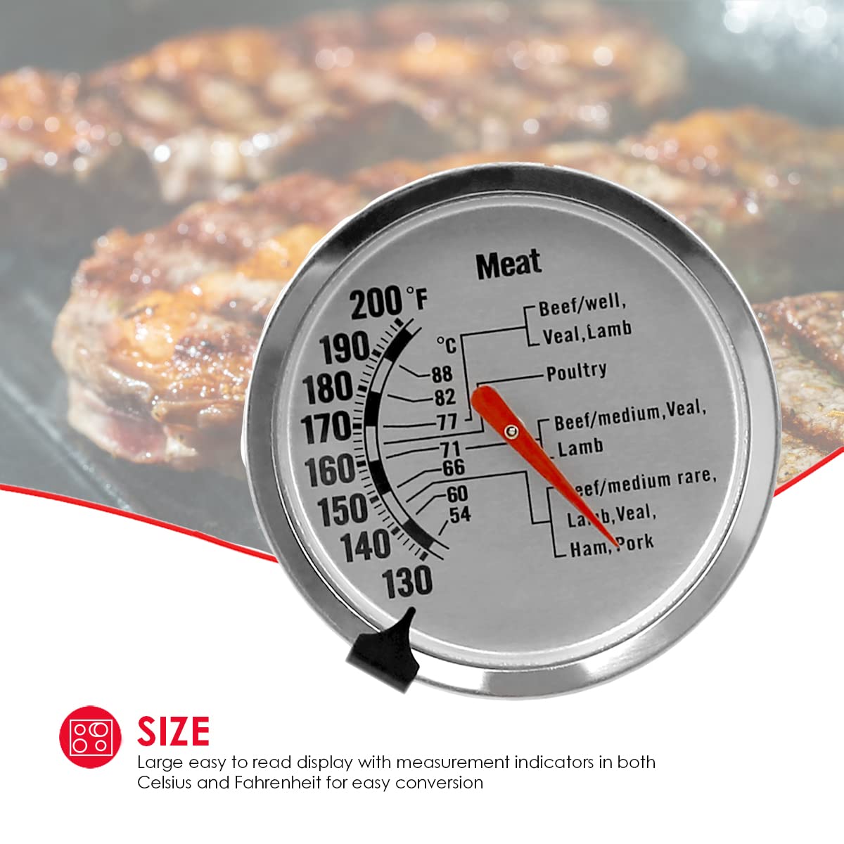 Home Basics, Silver (1 Instant Read Large Stainless Steel Mechanical Meat Thermometer, 2.5" x 2.5" x 5.25"