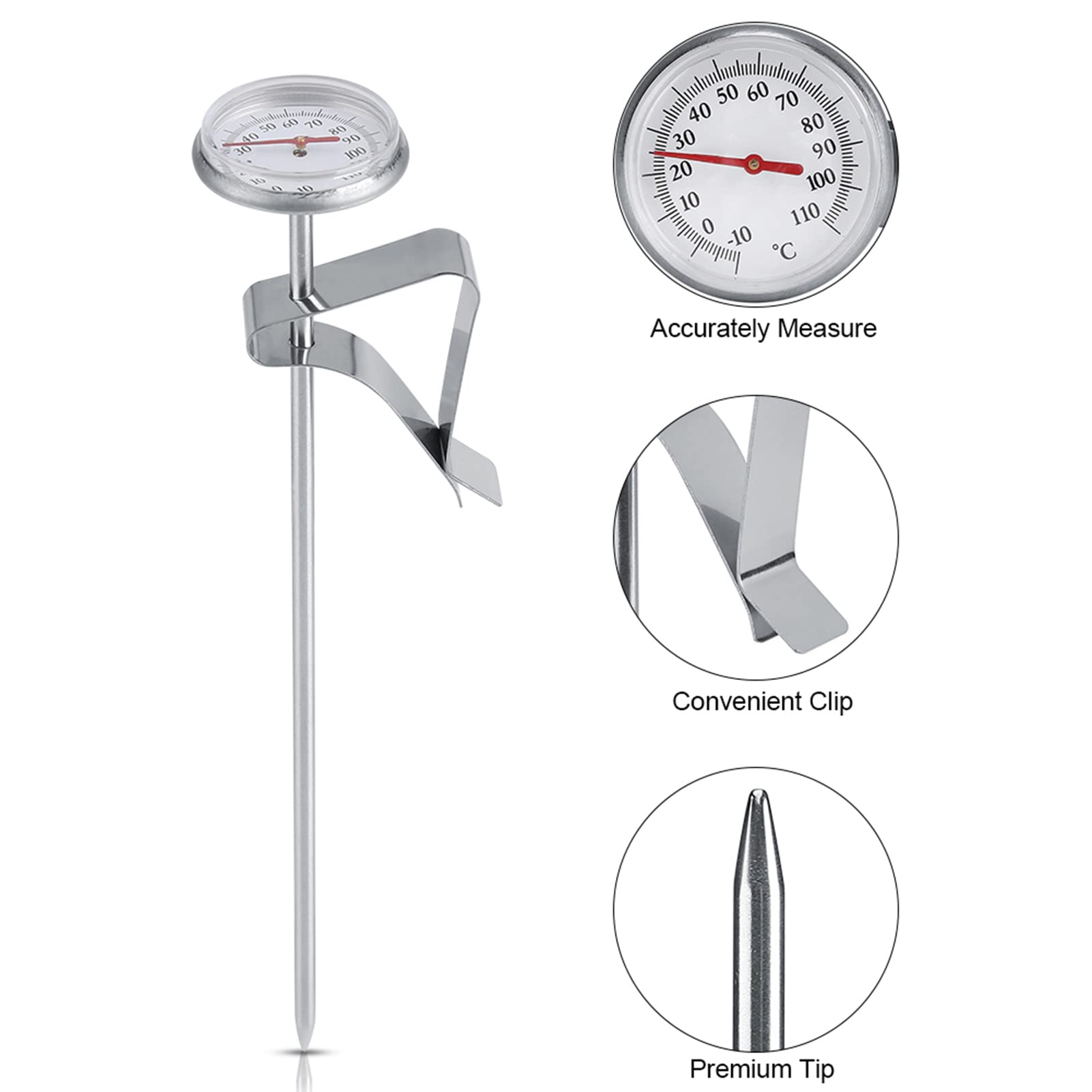 Milk Thermometer, Food Coffee Foam Frothing Temperature Stainless Steel Probe Clip Barista for Drinks Chocolate Liquid Water Candle Meat Cooking Turkey Grill Instant Read Probe Calibrable Large Dial