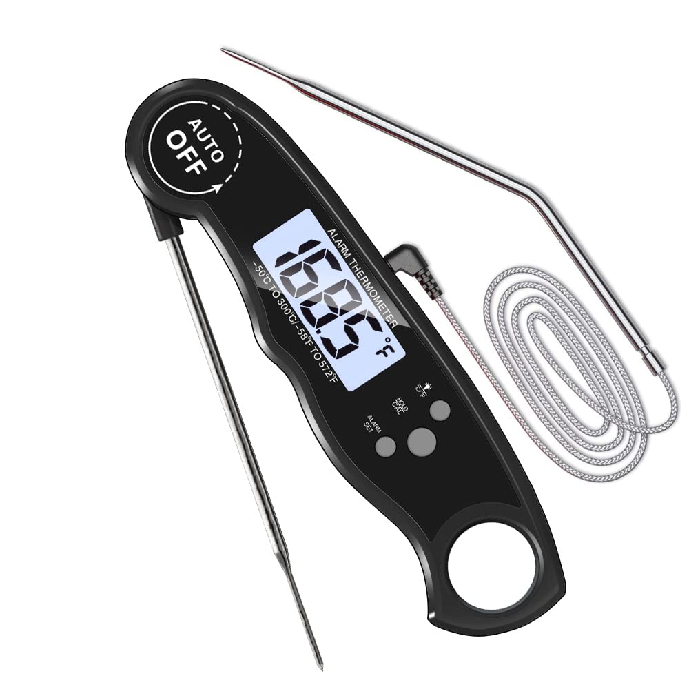 2 in 1 Digital Meat Thermometer for Cooking,Instant Read Food Thermometer for BBQ Grilling,Magnet Foldable Oven Food Thermometer with Calibration,Backlight (Black)